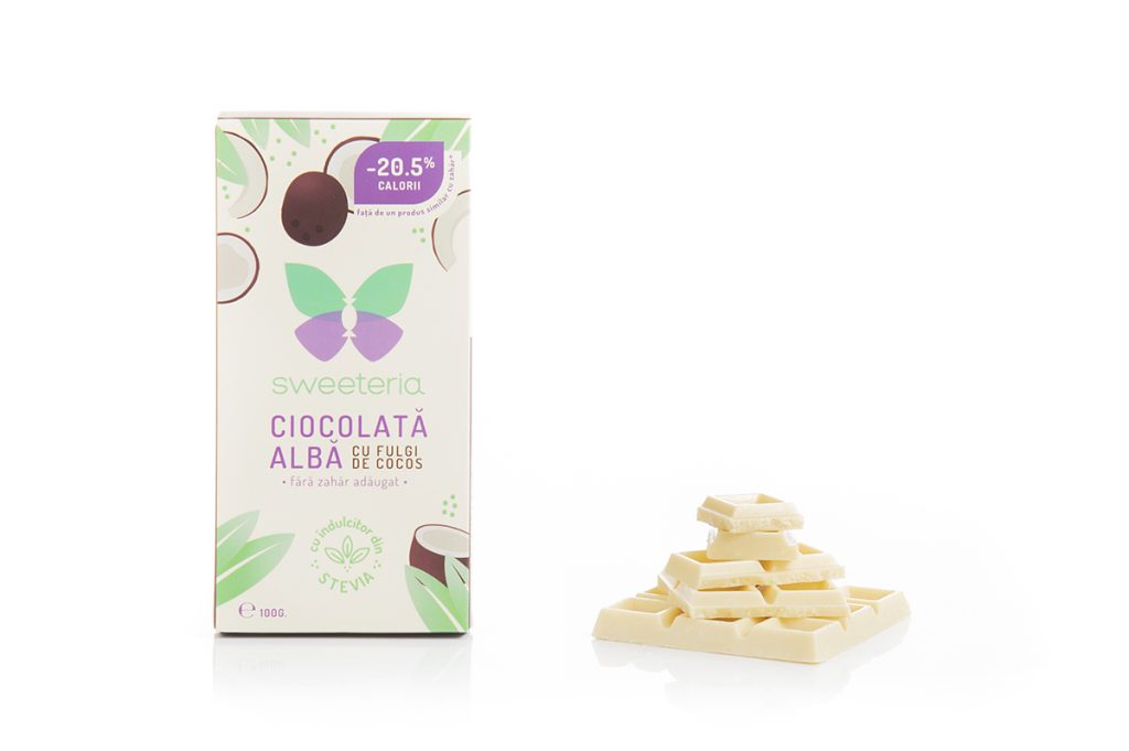 Ciocolata alba cu fulgi de cocos, cu indulcitor natural - Sweeteria
